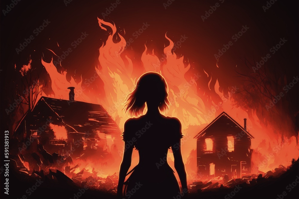 Silhouettes of a woman against a backdrop of a burning village. Fantasy ...