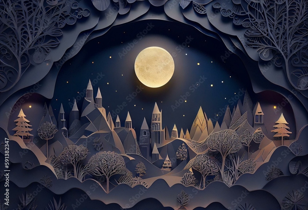 Multidimensional paper cut illustration starry night with glowing ...