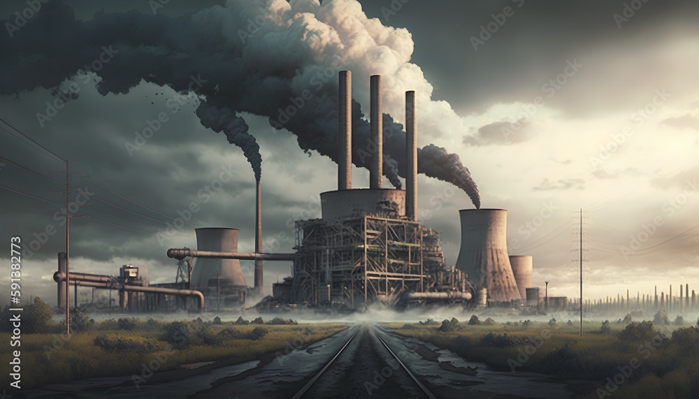 Landscape dominated by factories with billowing smoke. Negative impact ...