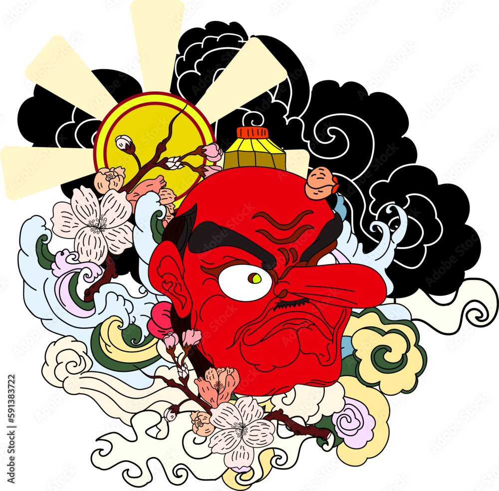 Vetor de hanya demon mask with sakura and red sun on cloud tattoo ...