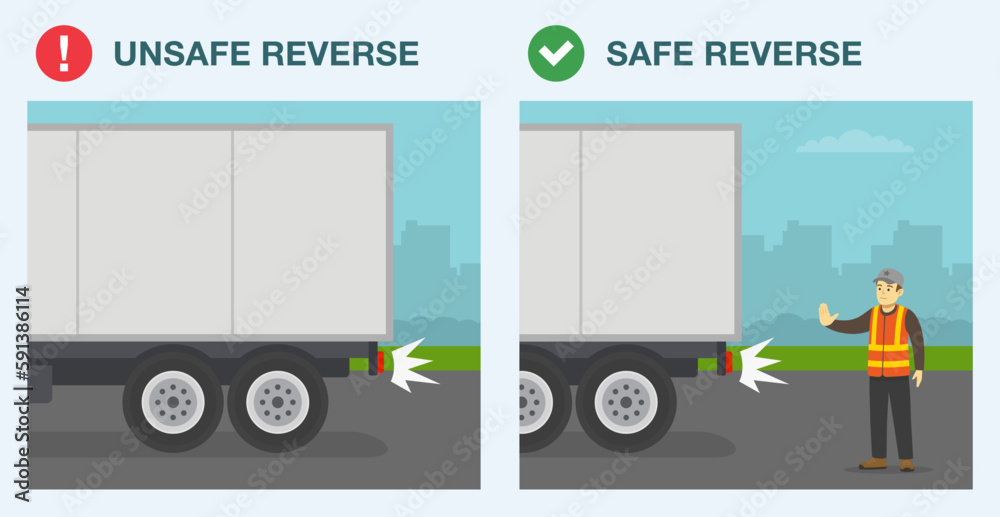 Heavy vehicle driving tips and rules. Safe and unsafe reverse. Spotter helps to reverse truck ...