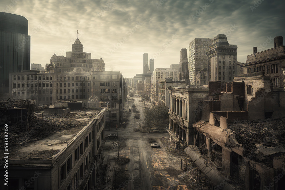 Haunting beauty of an abandoned cityscape, with towering skyscrapers ...