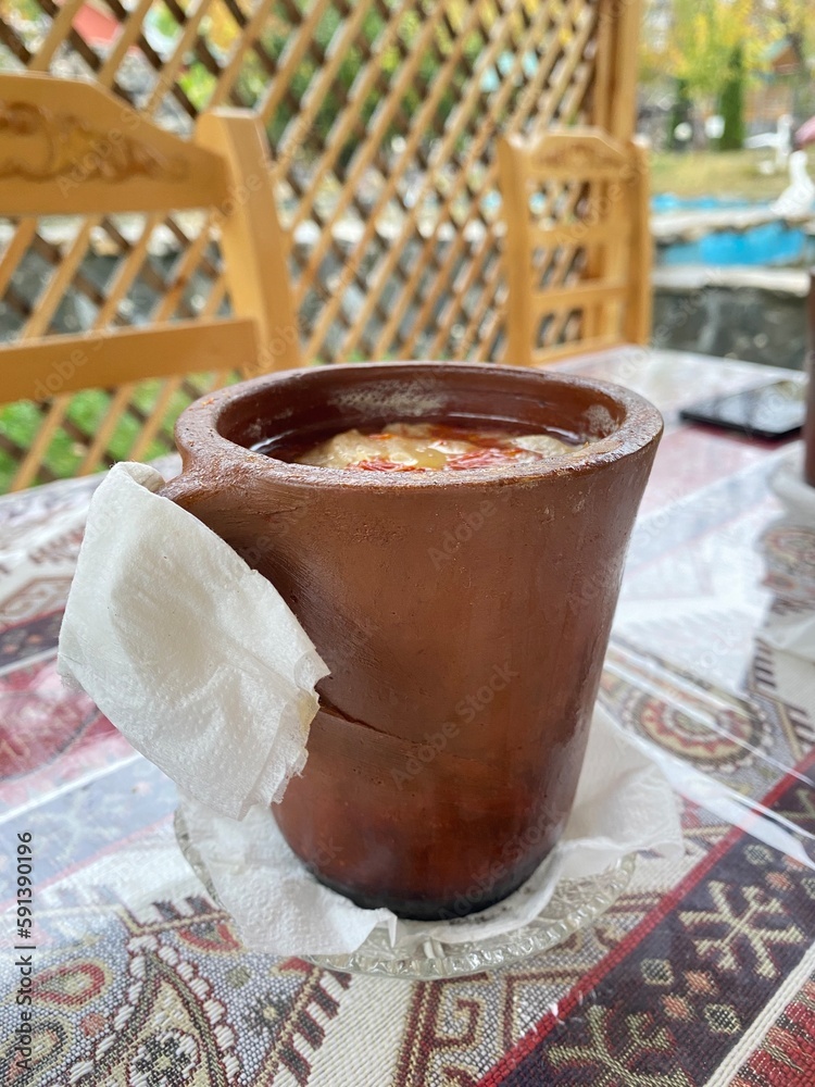Azerbaijani Sheki piti soup prepared with mutton, tail fat, chickpeas ...