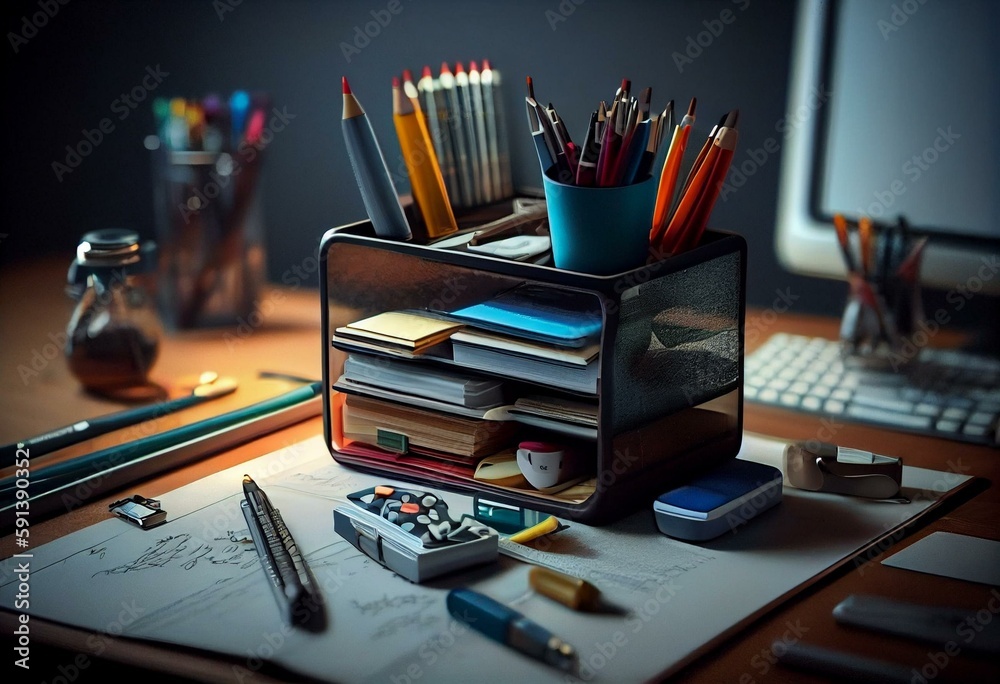 Desktop organizer with school stationary and office supplies. Work ...