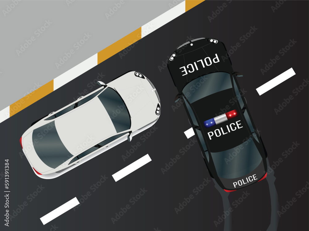 Car top view on a road with a police vehicle obstructing a chased ...