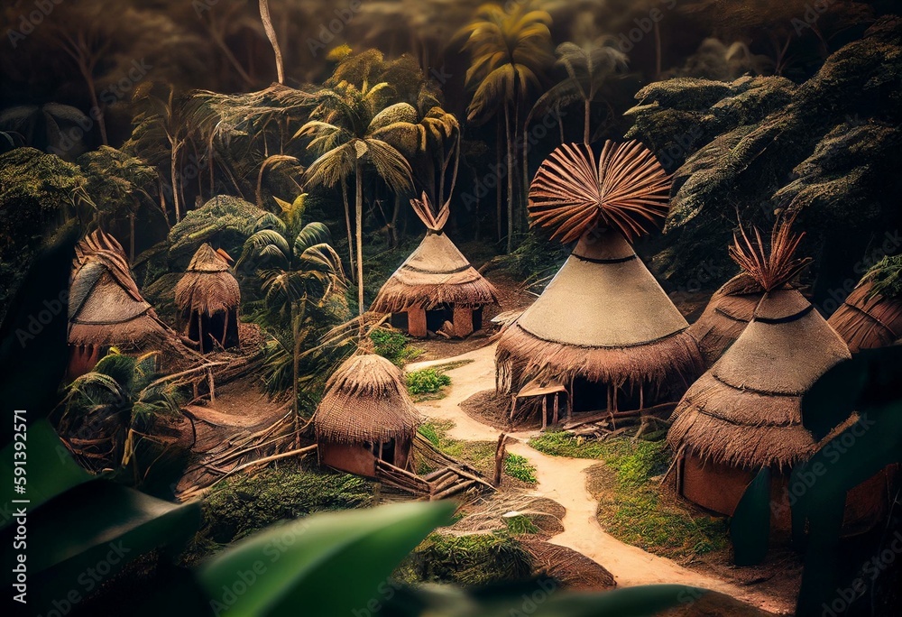 Ilustração do Stock: Indigenous amazonian tribe huts in the middle of a ...