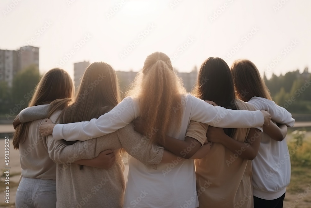 a group of women standing next to each other in a park with the sun ...