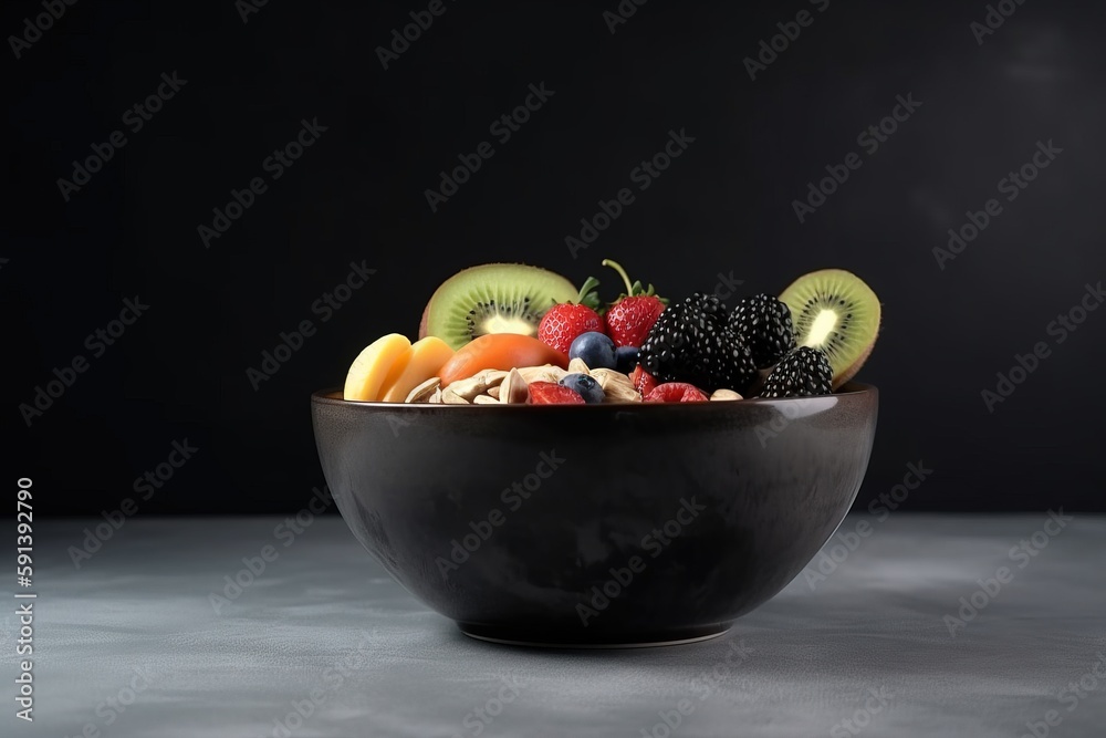 a black bowl filled with lots of different types of fruit on top of a ...