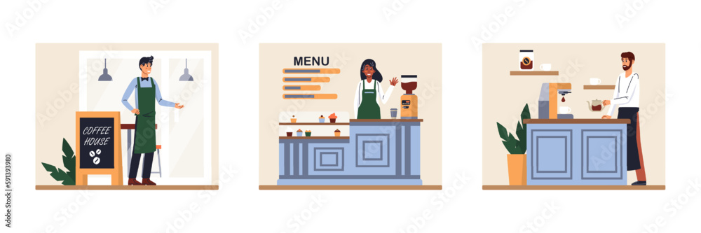 Set of cartoon characters of young baristas making coffee at cafe ...