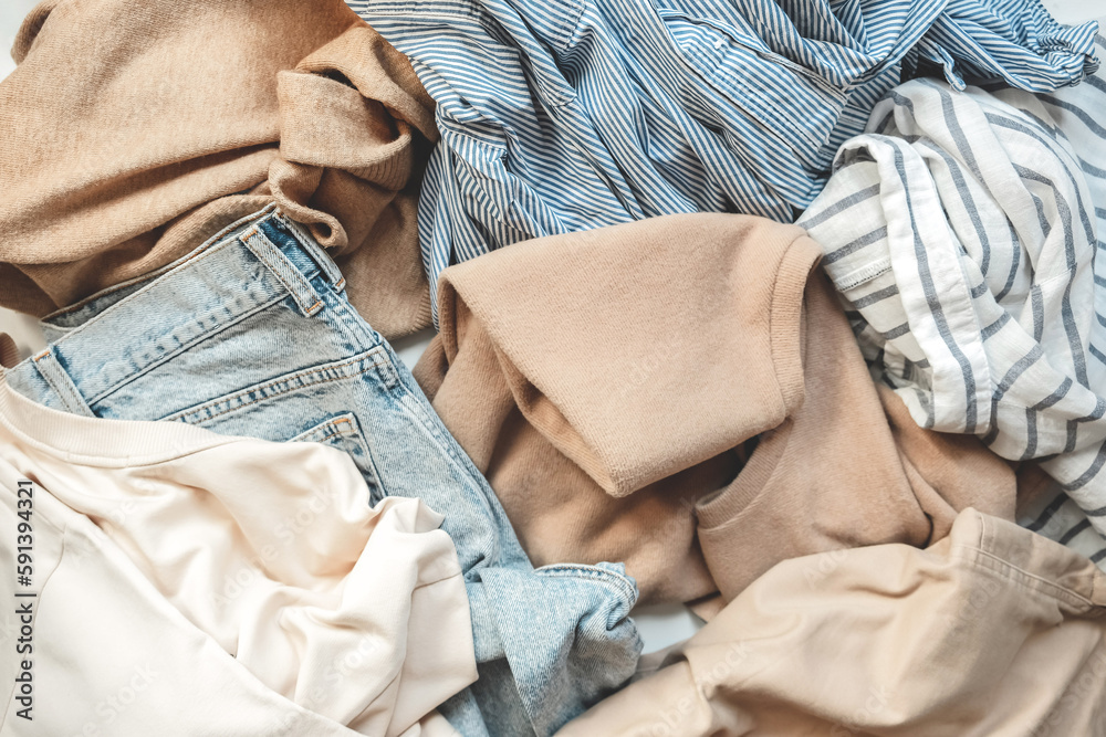 Second hand clothes, used wardrobe. Circular fashion, fast fashion, eco ...