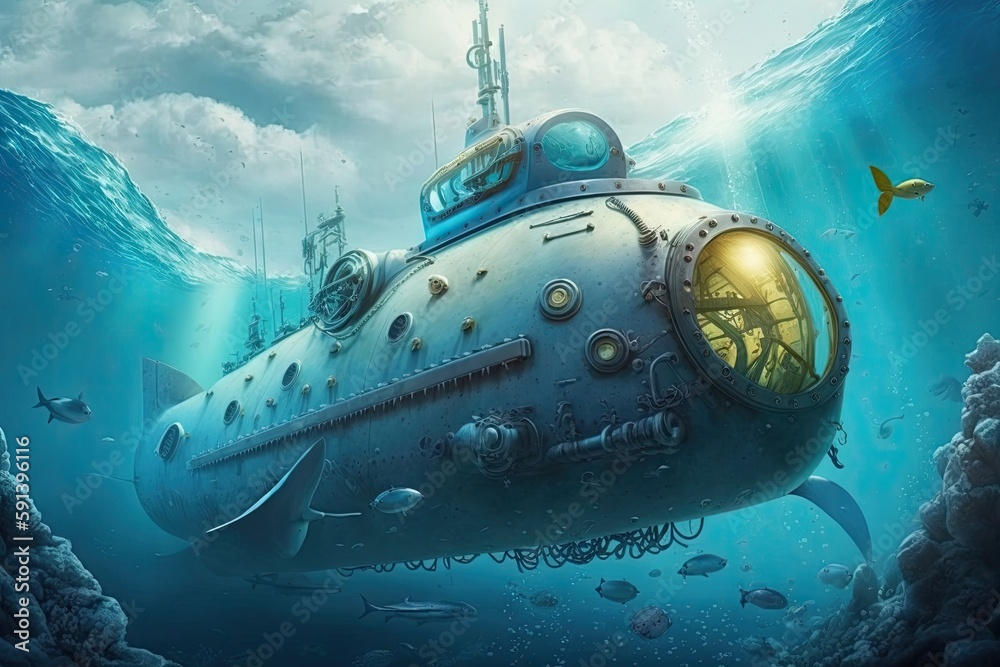 submarine floating underwater, with fish swimming around it. Generative ...