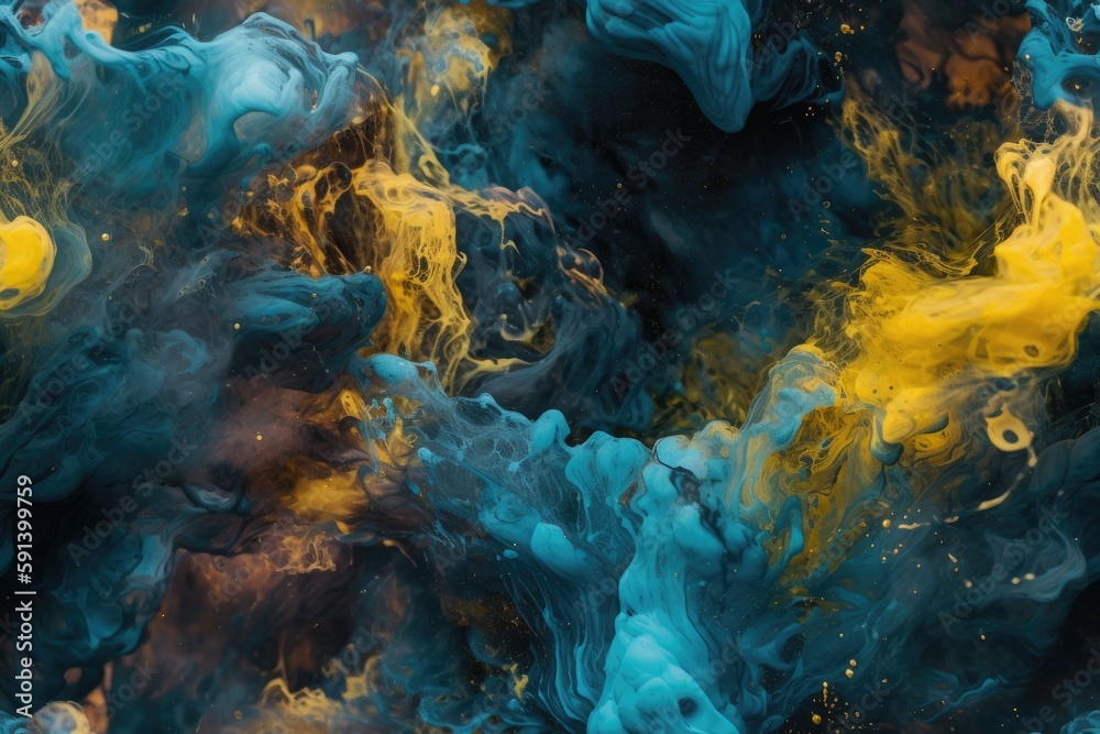 Blue and Yellow Exploding Clouds of Color Underwater Oil Colors ...