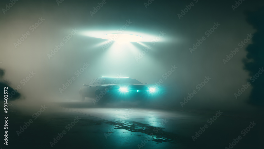 alien abduction on a highway, flying UFO saucer over car at foggy night ...