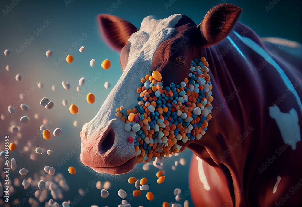 Cow feed by a lot of pills, concept of Antibiotic Use in Agriculture ...
