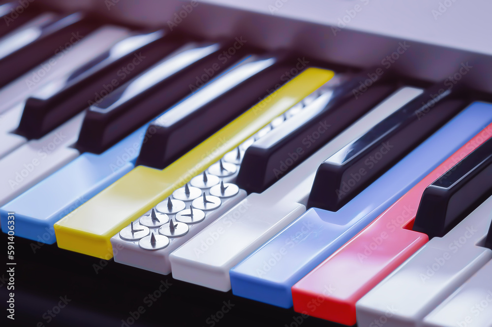 Piano keys in the colors of the state flags of Russia and Ukraine. Line ...