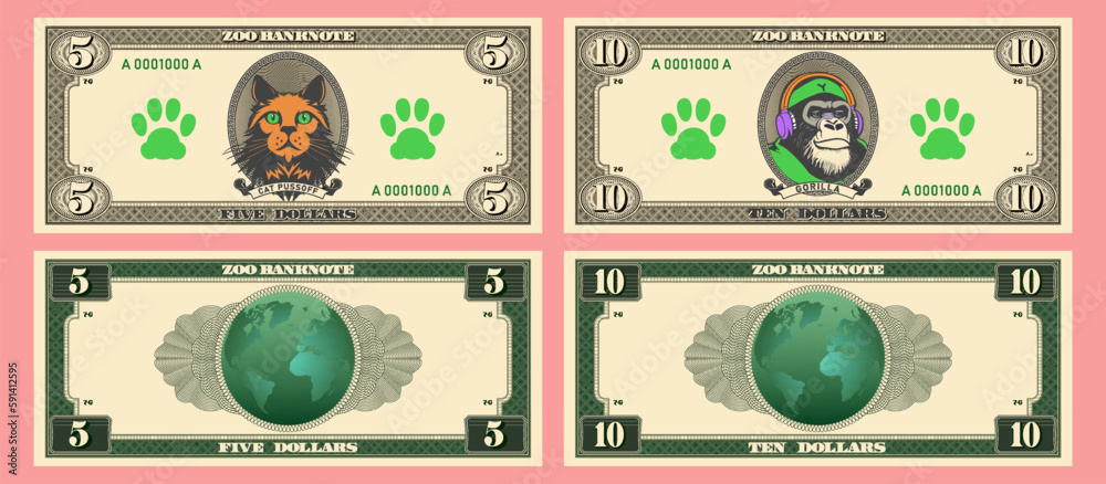 Vector obverse and reverse of zoo banknotes in denominations of 5 and ...