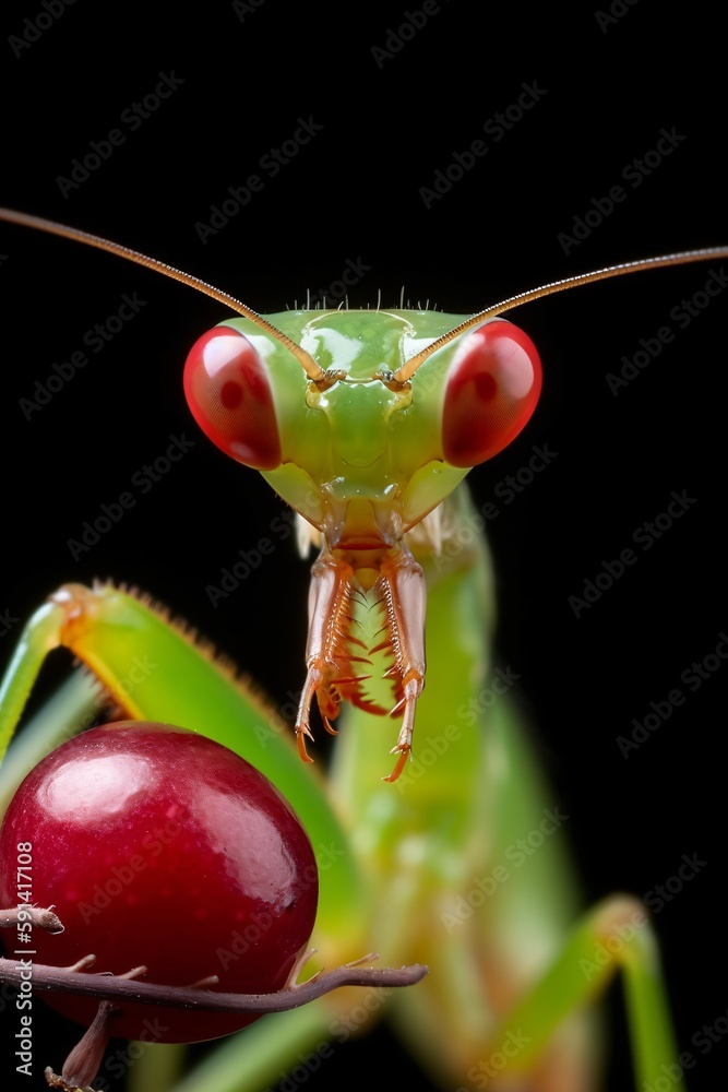 praying mantis with red eyes sits on an apple, generative ai Stock ...