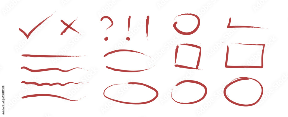 Red, Burgundy Highlighter Set. Doodle scribble lines, waves, curves ...