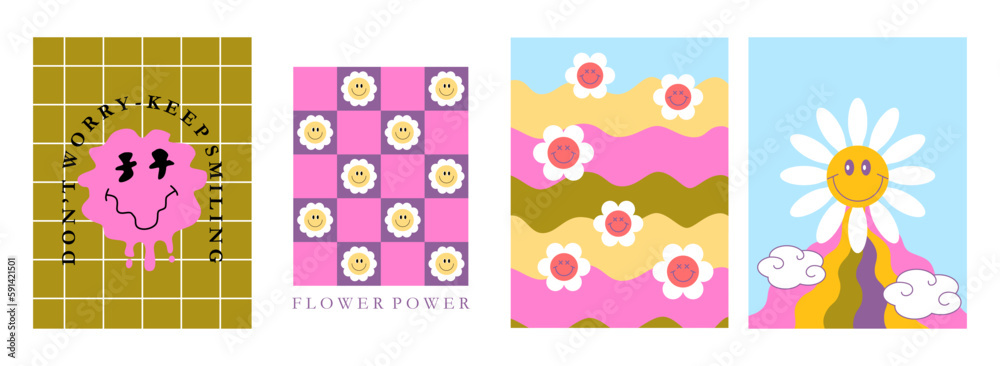 Set of 70s retro revival posters. Groovy flowers, rainbow, retro ...