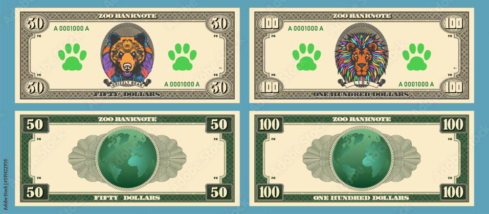 Vector obverse and reverse of zoo banknotes in denominations of 50 and ...