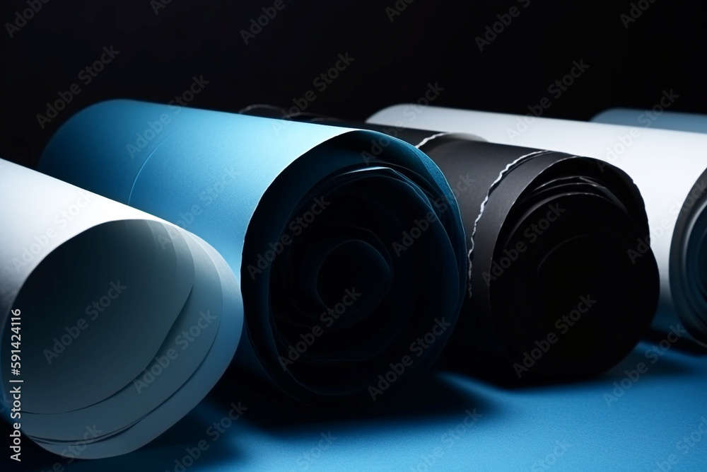 Tiras de papel cartulina azules sobre fondo negro. Rollos de papel de ...