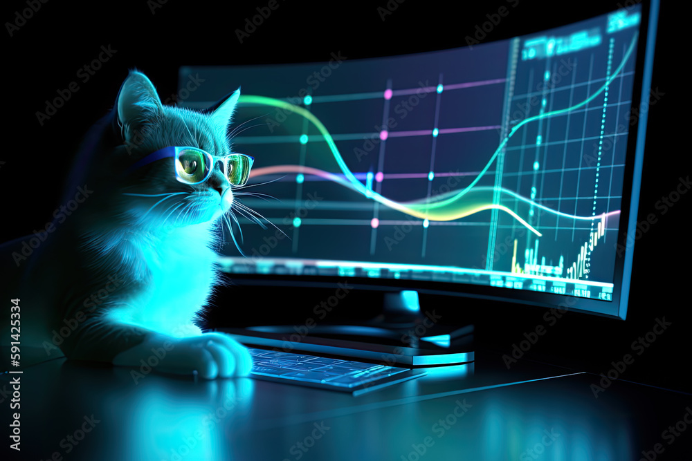 Stock market graph charts on monitor and smart clever cat - student in ...