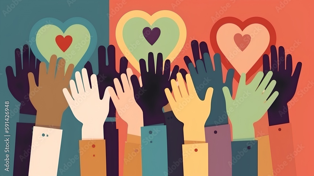 Charity illustration concept with raised hands and hearts. Community ...