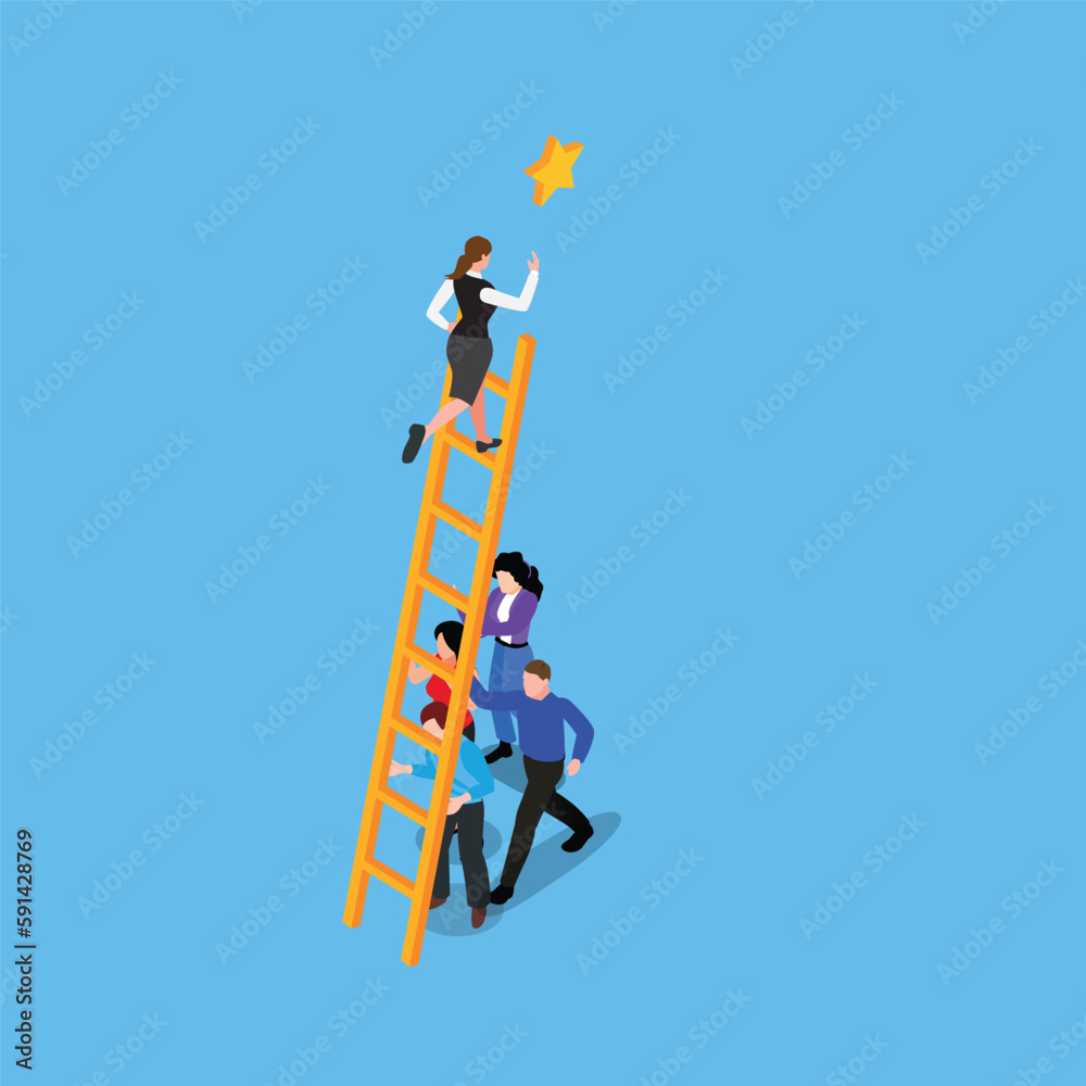 Teamwork - People hold ladder, woman takes out star - solving problems ...