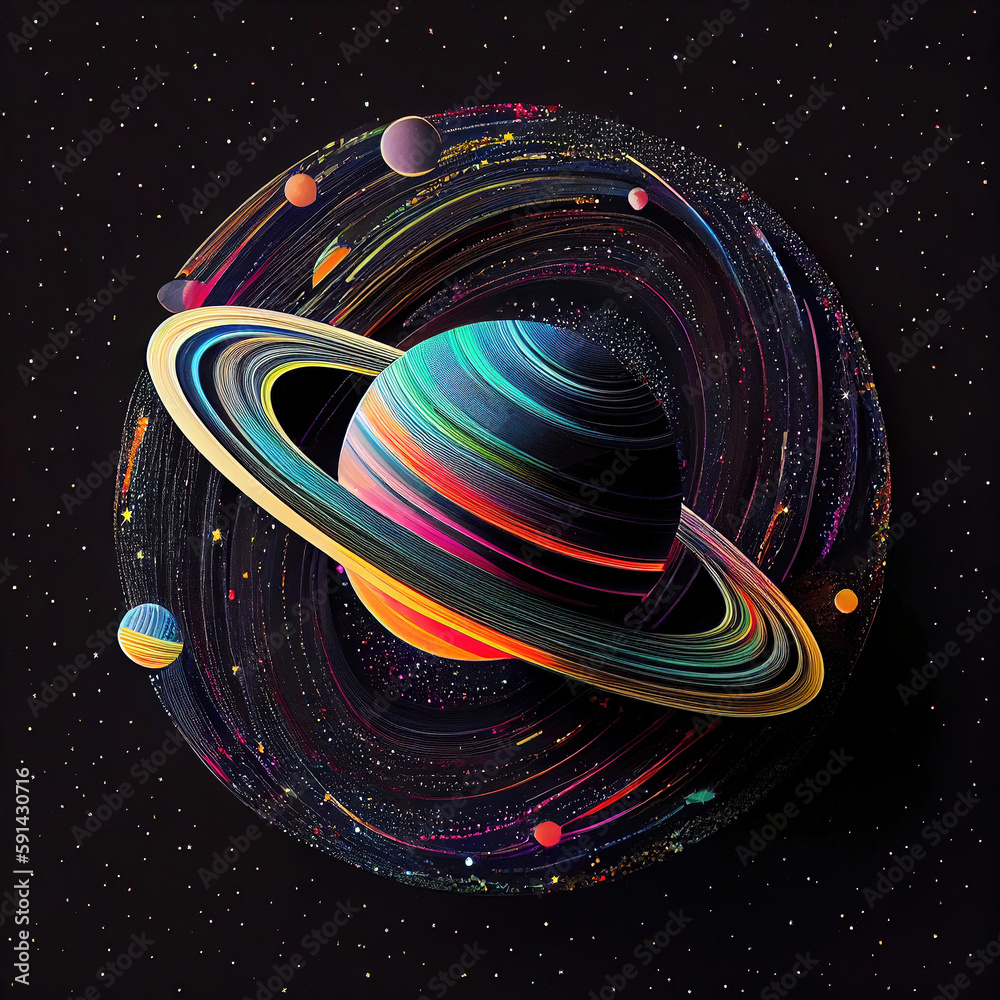 Colorful saturn planet in dark space with stars (Generative AI) Stock ...