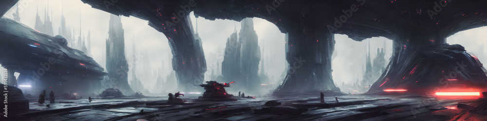 Surreal landscape where robots have taken over the planet. Modern and cold climate. Generative ...