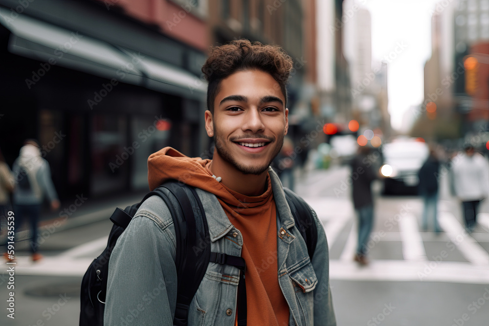 A fictional person. Confident Gen Z guy walking in a bustling city ...