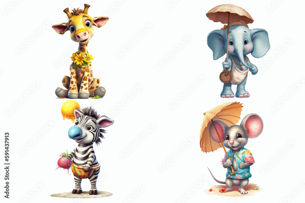 Safari Animal set giraffe, elephant, zebra and mouse in 3d style ...