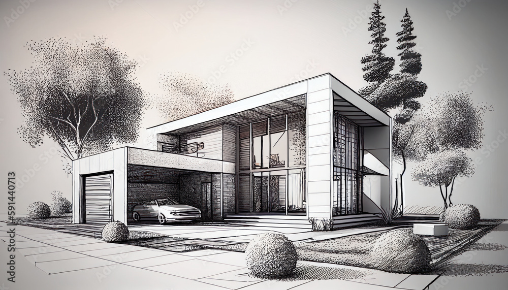 Exterior concept sketch of a modern minimalist cozy. AI generated Stock ...