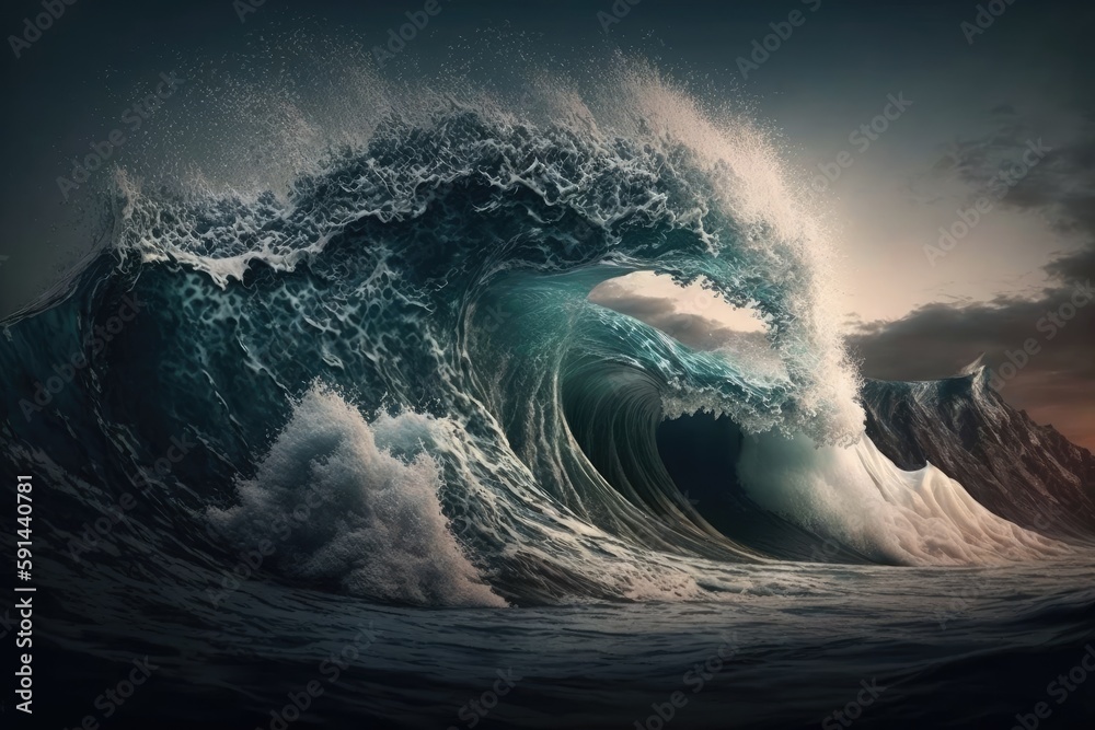 massive ocean wave towering over a boat. Generative AI Stock ...
