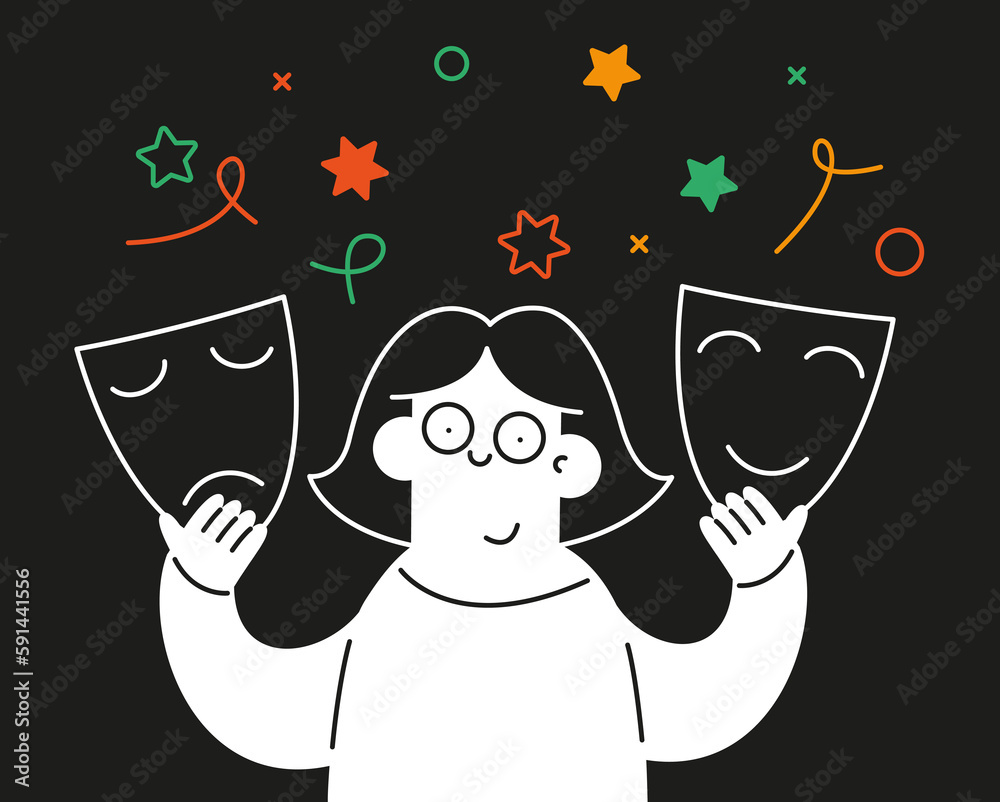 The cartoon man is holding two masks, one is sad and the other is happy ...