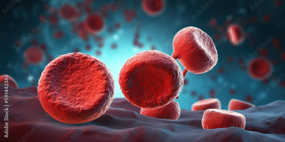 Digital 3d illustration of cancer cells in human body. Red blood cells ...
