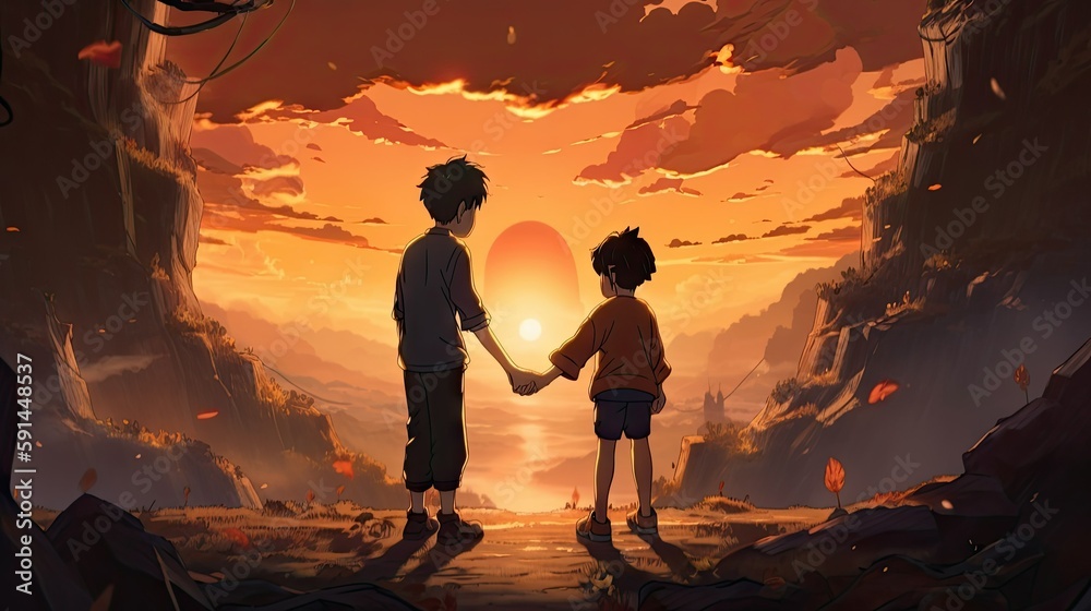Two young boy holding hands in dream world in style of anime, created ...