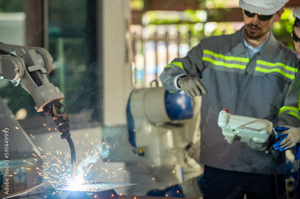 Engineer control robot arm machine welding steel, worker using forcing ...