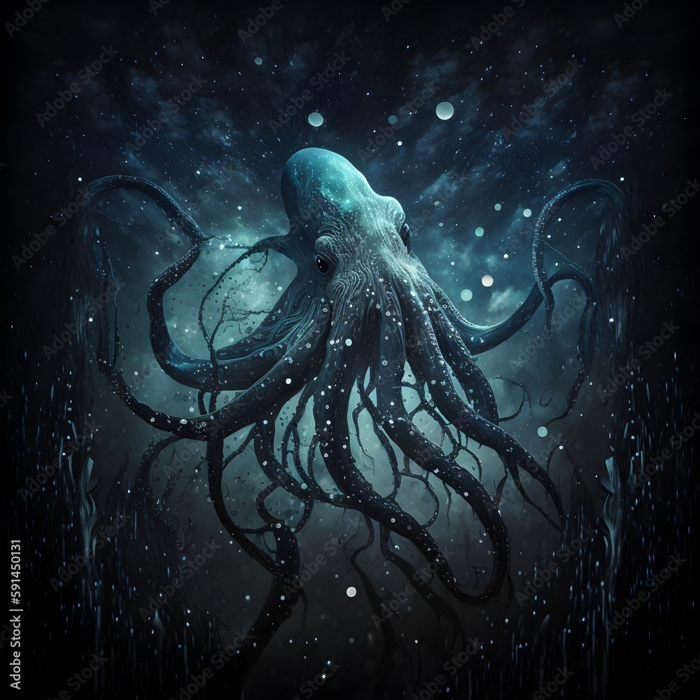 cold night many bright stars space squid sticky tentacles with black ...