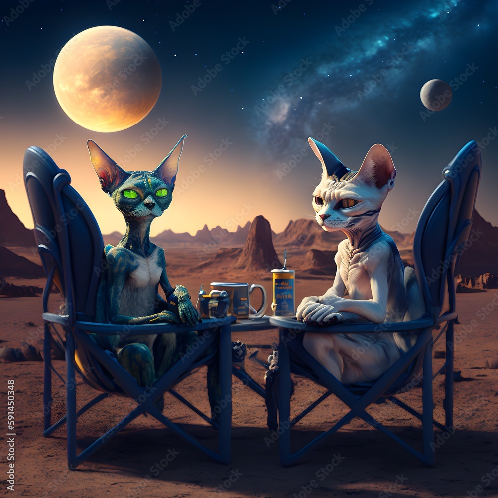 a Devon Rex Cat and an Alien smoking a joint together sitting in lawn ...