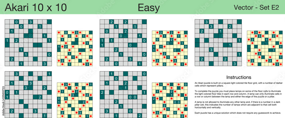 5 Easy Akari 10 x 10 Puzzles. A set of scalable puzzles for kids and ...