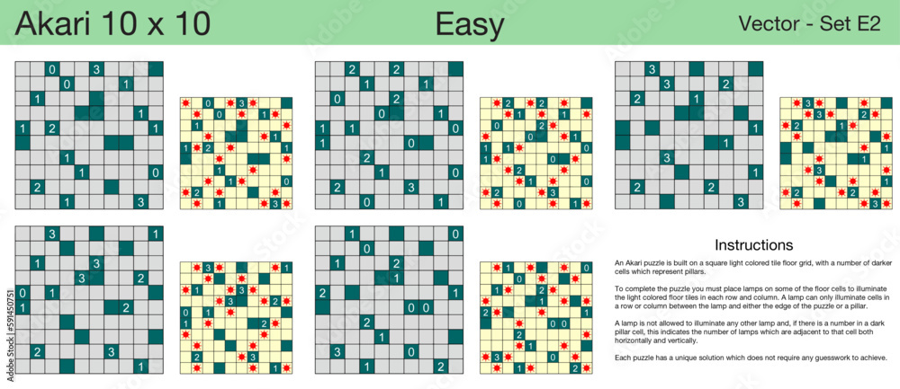 5 Easy Akari 10 x 10 Puzzles. A set of scalable puzzles for kids and adults, which are ready for ...