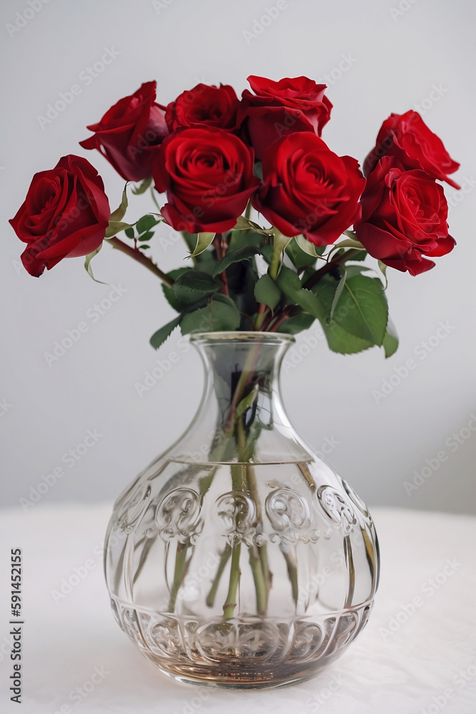 bouquet of red roses in glass vase on white background Stock ...