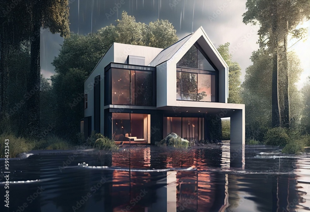 3d rendering of modern cozy house in spring water cataclysm. House is ...