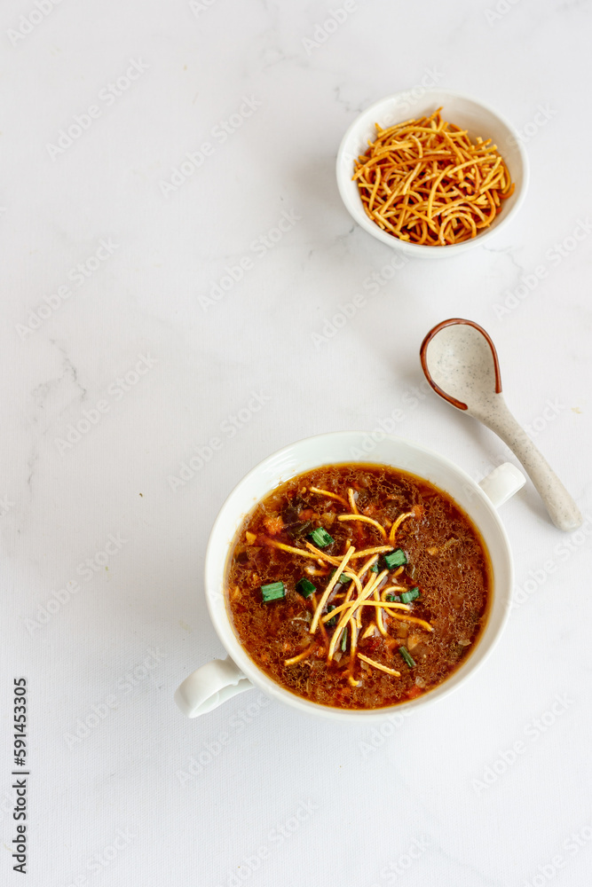 Chicken Manchow Soup Top Down Vertical Photo, with Crispy Fried Noodles ...