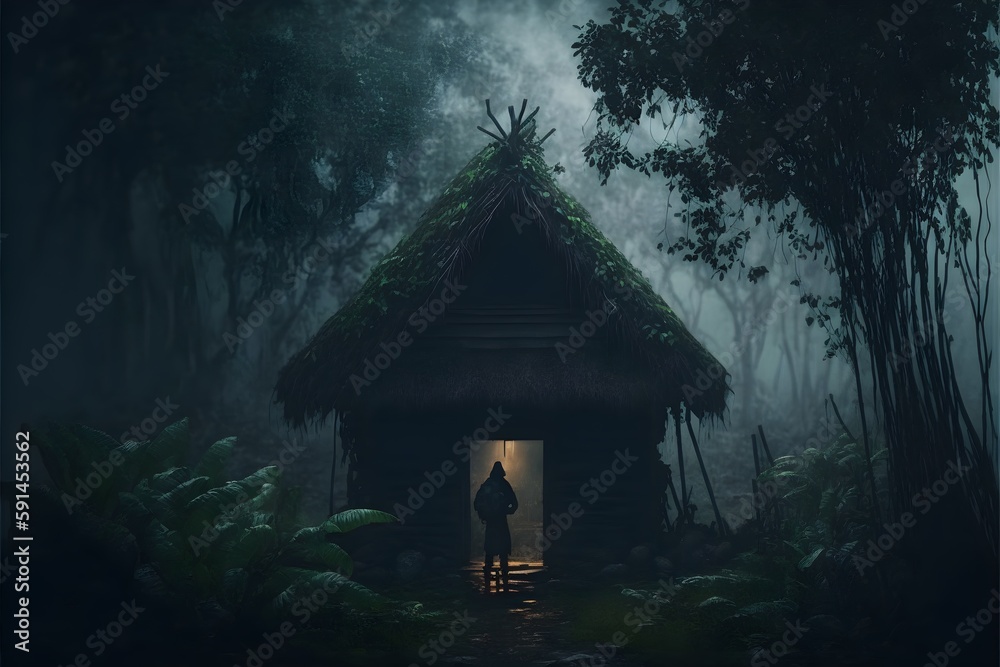 fantasy forest philippines thin man hiding behind a small nipa hut ...