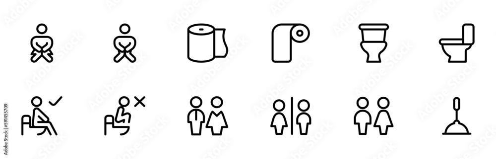 Toilet related vector icons set, male or female restroom wc tissue ...