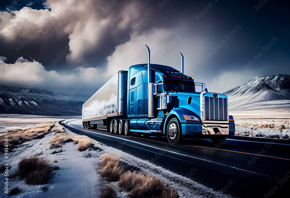 Powerful blue big rig long haul semi truck transporting frozen cargo in reefer semi trailer ...