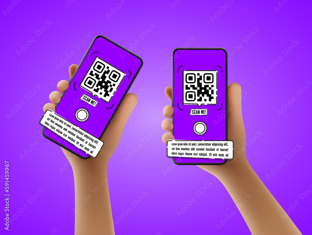 Vector cartoon hand holding the black smartphone with a QR code scanner ...