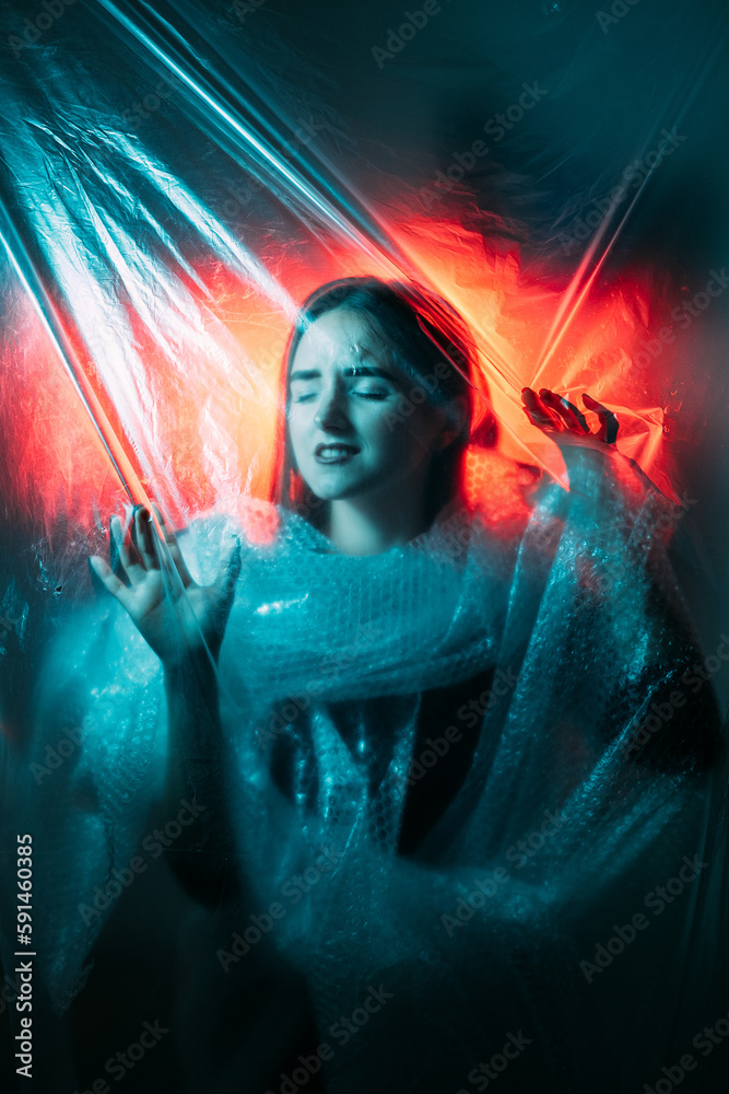 Plastic pollution. Global warming. Ecology problem. Red blue color ...